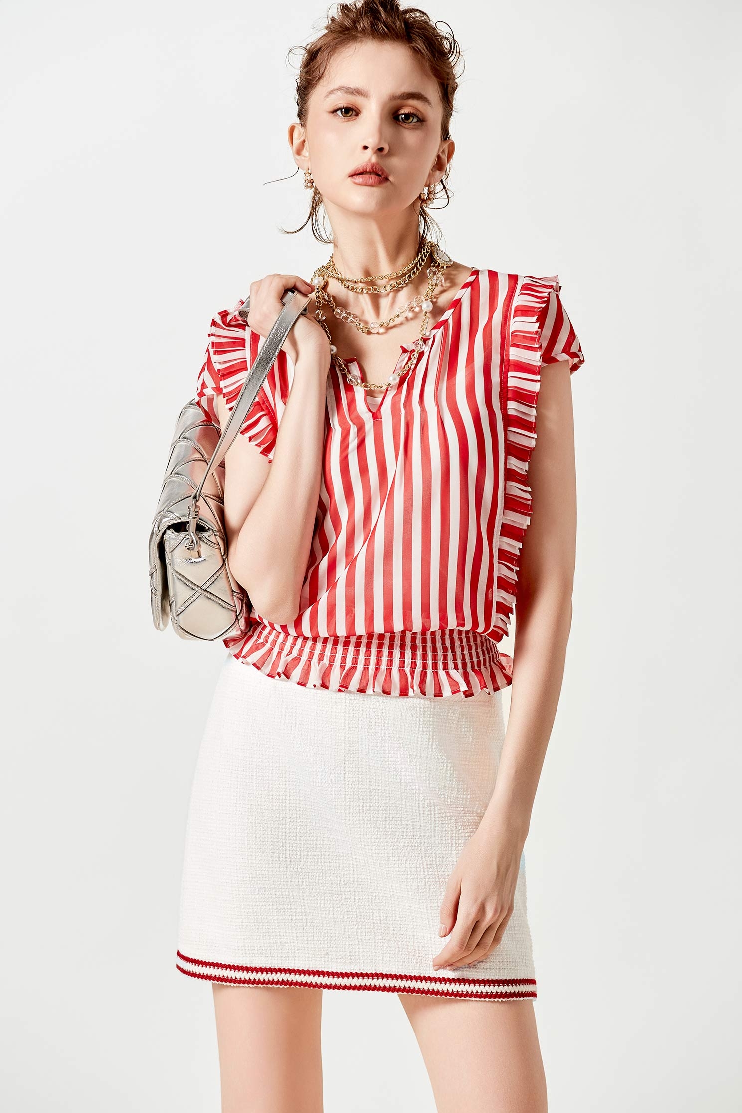 Red White Stripe Pleated Ruffle Top | iROO Online Shop | Dress Up Your ...